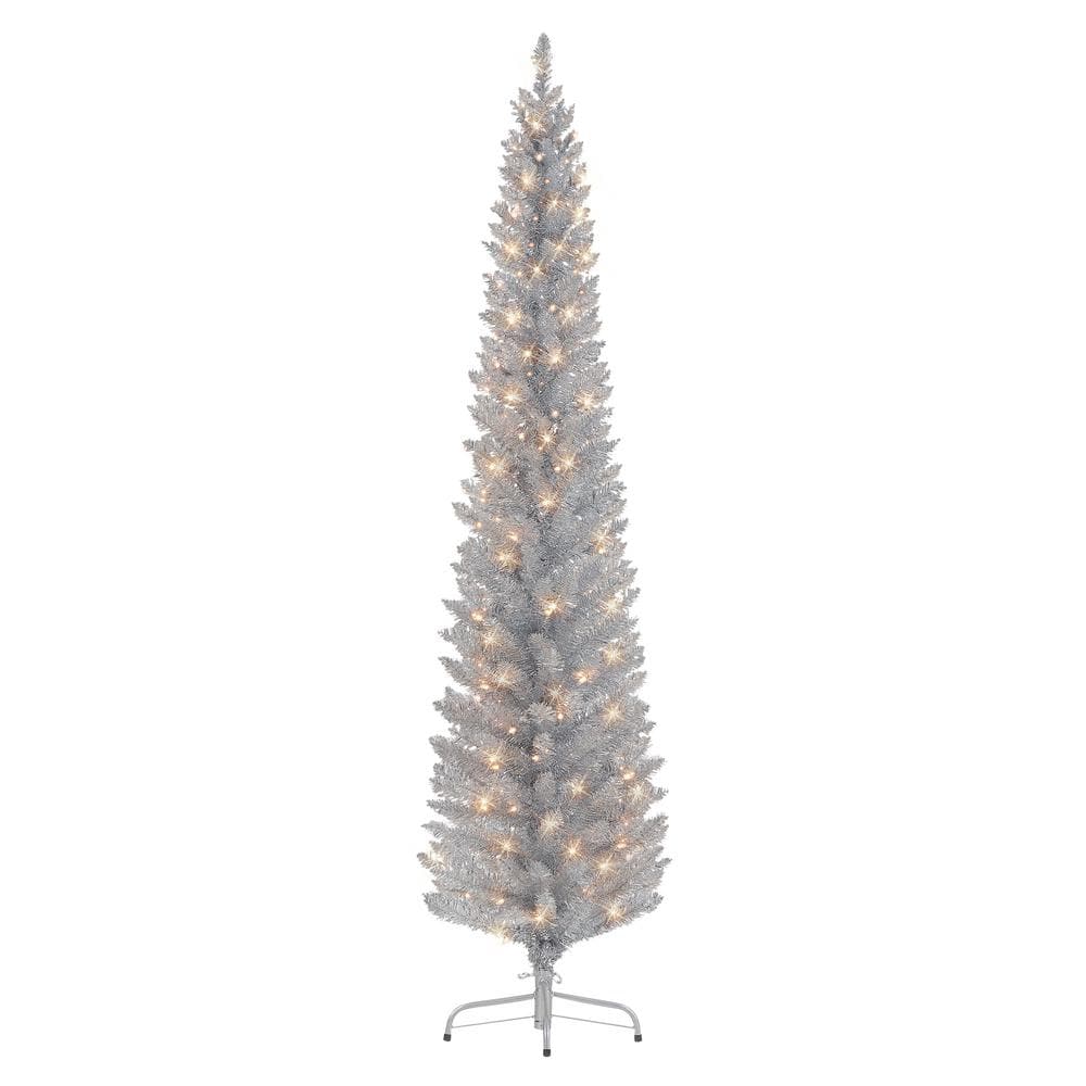 Puleo International 7 ft. Prelit Silver Tinsel Artificial Christmas ...
