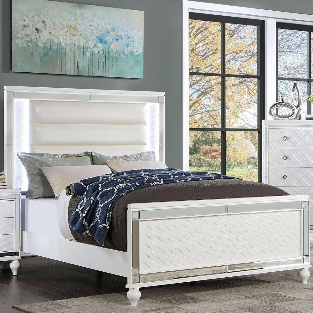 Furniture of America Seboya White Queen Panel Bed with LED Light and ...