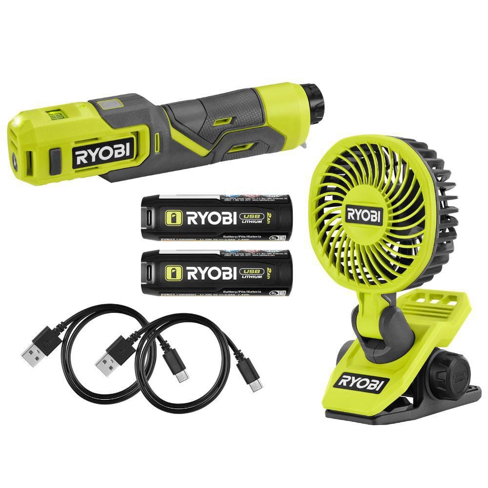 RYOBI USB Lithium 2-Tool Combo Kit with Clamp Fan, Inflator, (2) 2.0 Ah ...