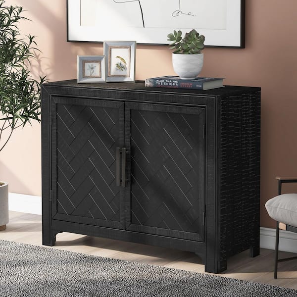 Polibi Black Wood 40 in. Sideboards with Unique Design Doors with 1 ...