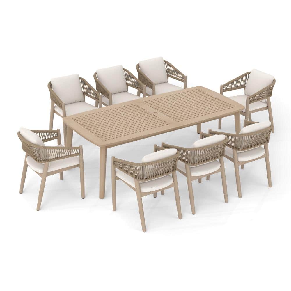 9-Piece Outdoor Patio Dining Set, 100% Acacia Wood Table with Rope ...