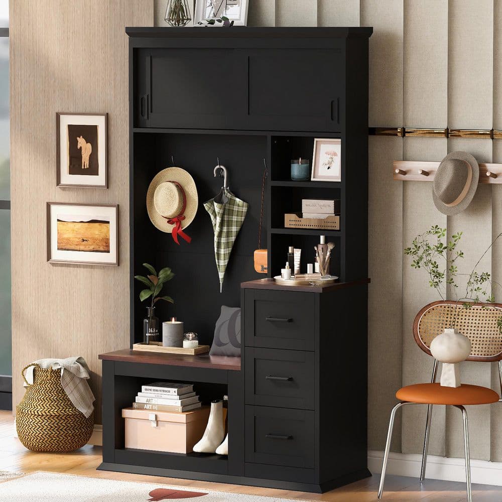 ANBAZAR 71.3 in. H Black MDF Hall Tree with Storage Bench and 3 Hooks ...