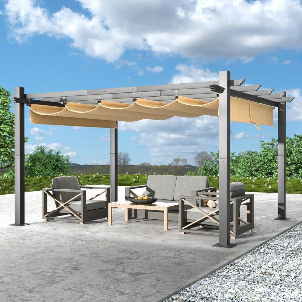 Sizzim 10 ft. x 12 ft. Outdoor Aluminum Retractable Pergola, with Sun ...