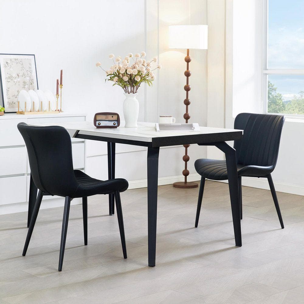 Black PU Leather Dining Chair Set of 2 Mid-Century Modern Accent Chairs ...