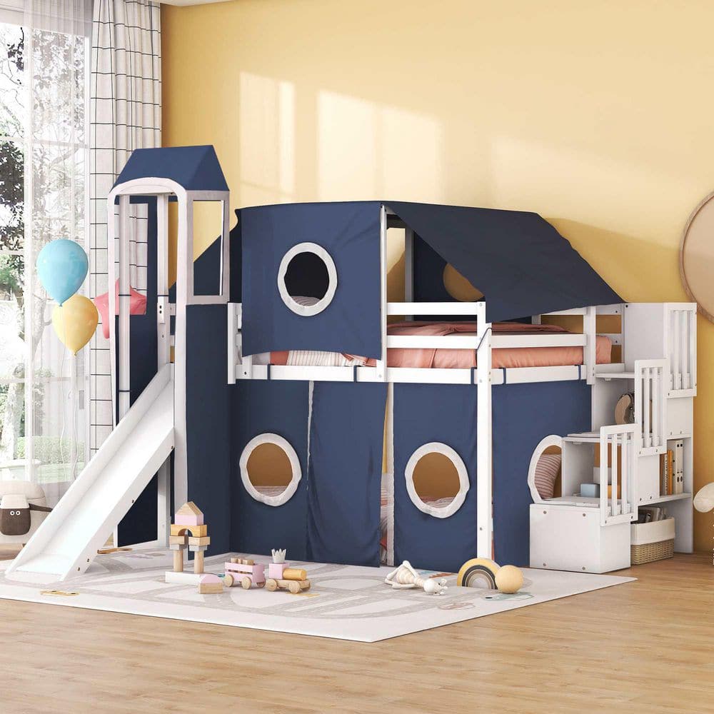 Polibi Blue Full Size Wood Loft Bed with Tent and Tower RD14-19781C-1 ...