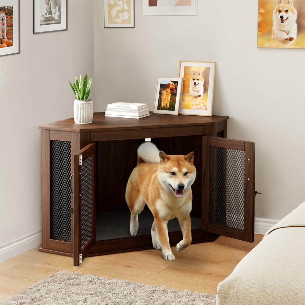 FUFU&GAGA Walnut Corner Dog Crate, Wooden Dog Kennel with Cushion ...
