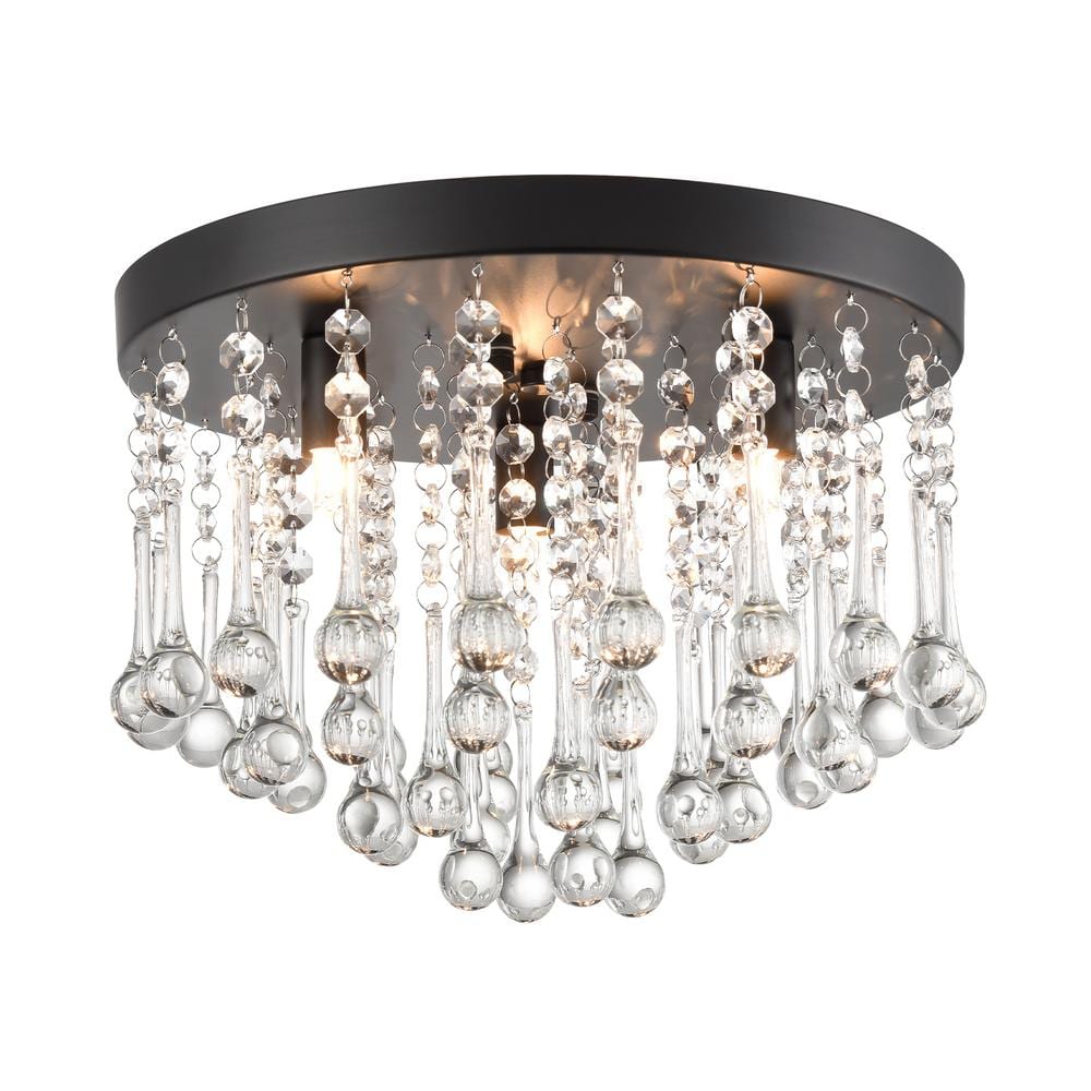 CLAXY 13.78 in. 3-Light Black Flush Mount with clear Glass Shade and No ...