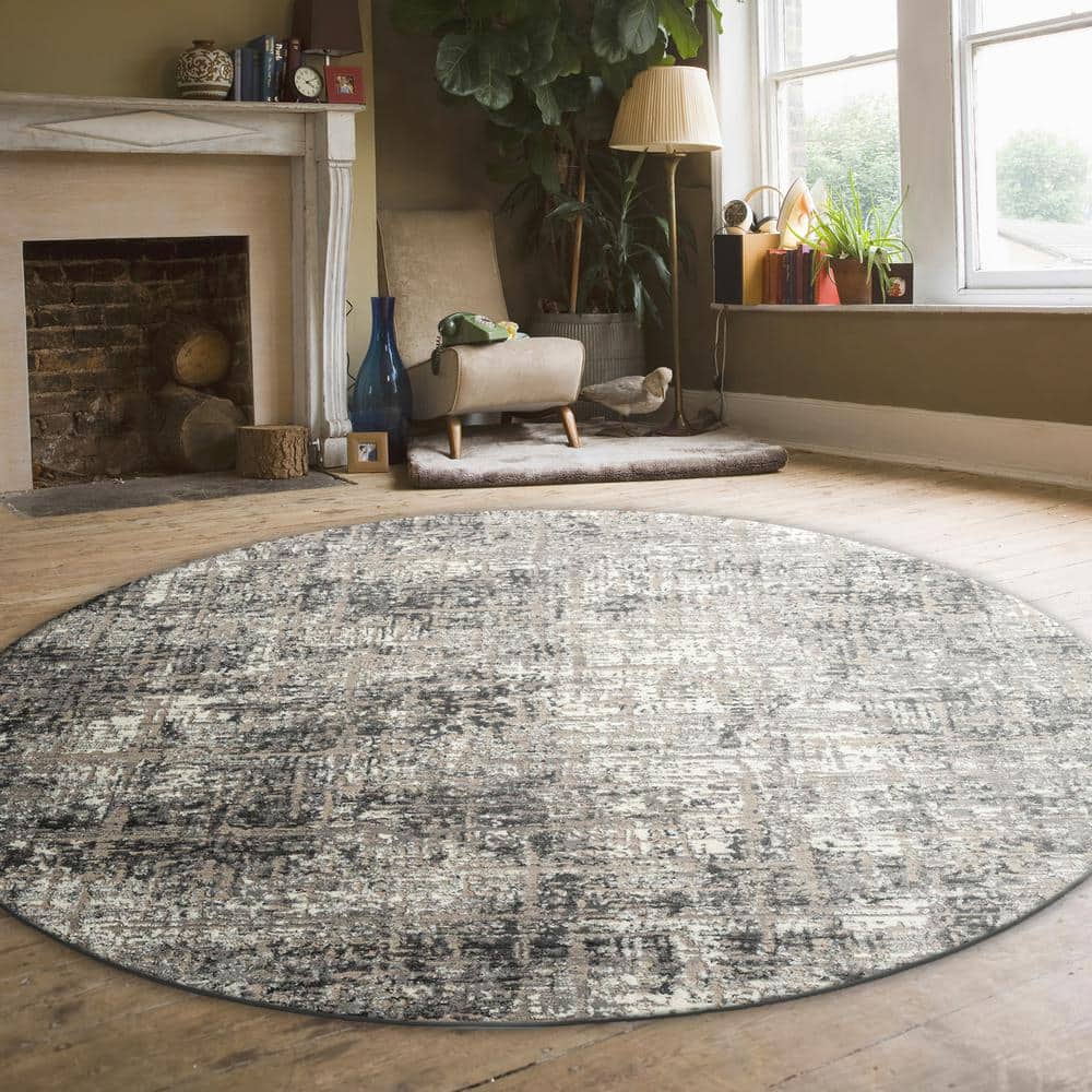 RADICI USA Gray 5 ft. Round Livigno 1241 Transitional Striated Area Rug ...