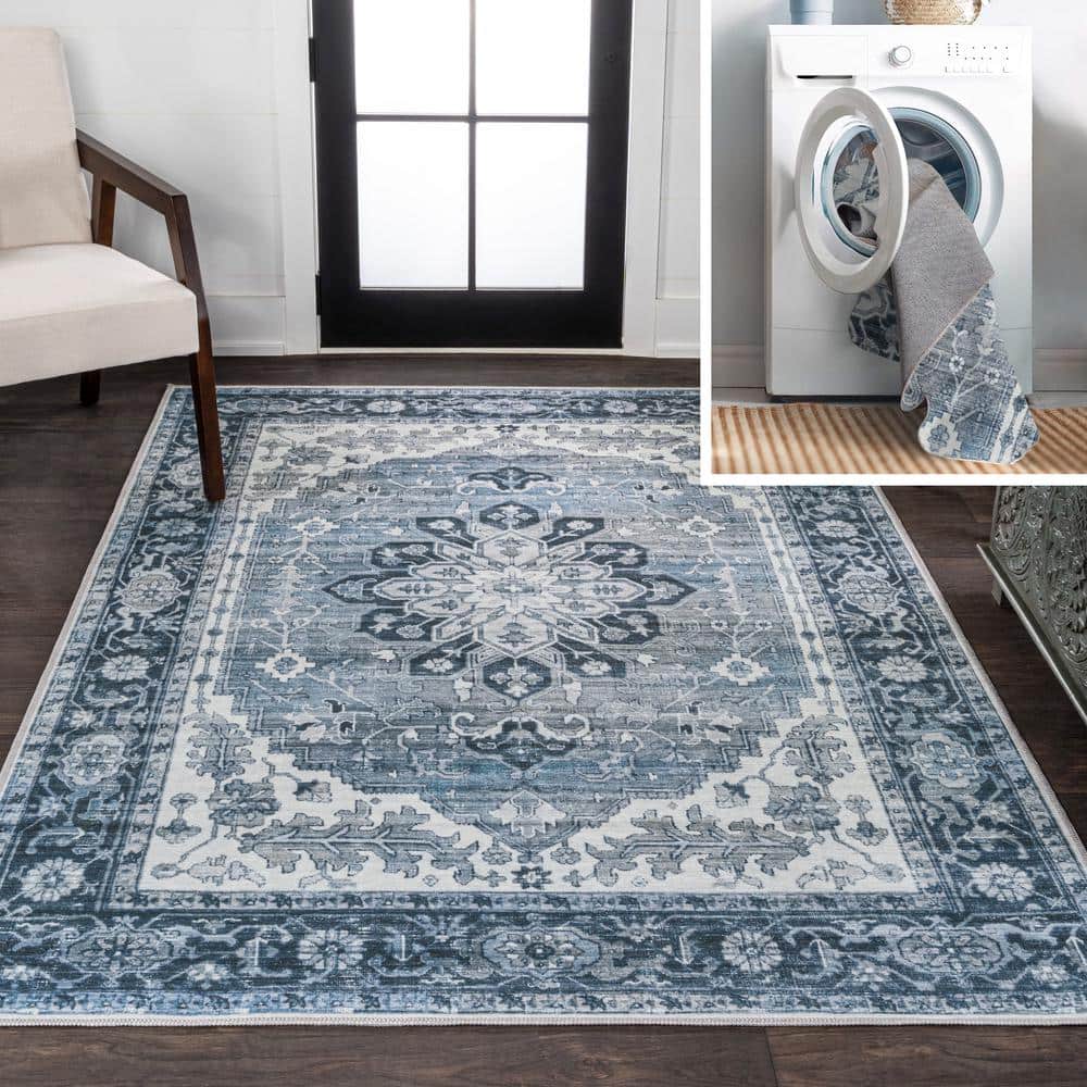 JONATHAN Y Asa Ornate Medallion Machine-Washable Blue/Cream 3 ft. x 5 ft. Area Rug WSH108B-3 ...