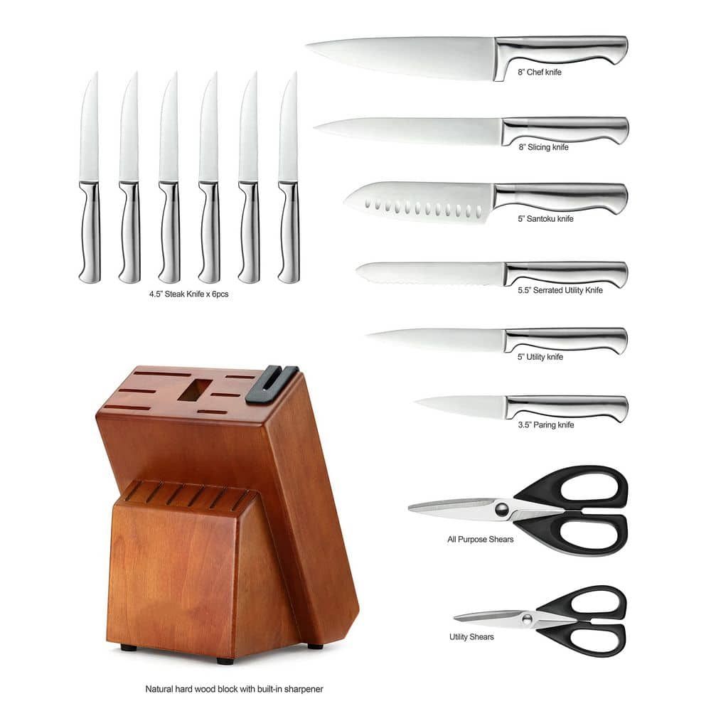 Wudkey 15-Piece Stainless Steel Knife Sets, Silver Titanium German ...
