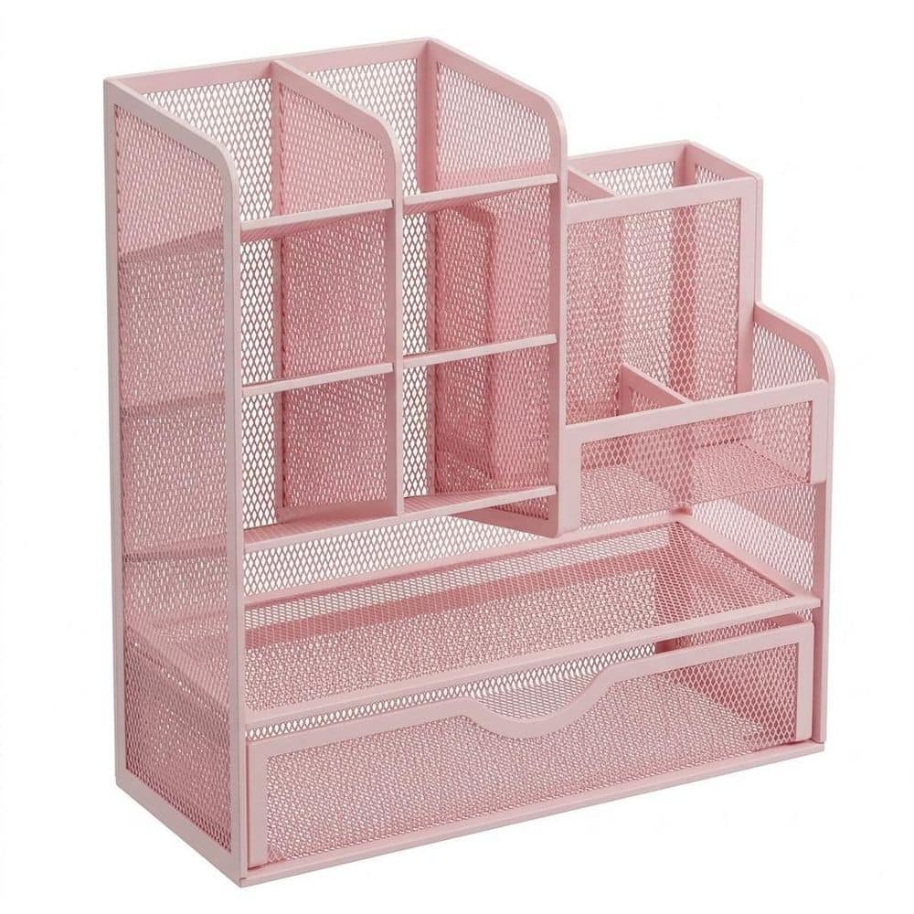 Pink 8.42 in. x 9.33 in. Metal Mesh Desk Organizers with Drawer WK2255 ...