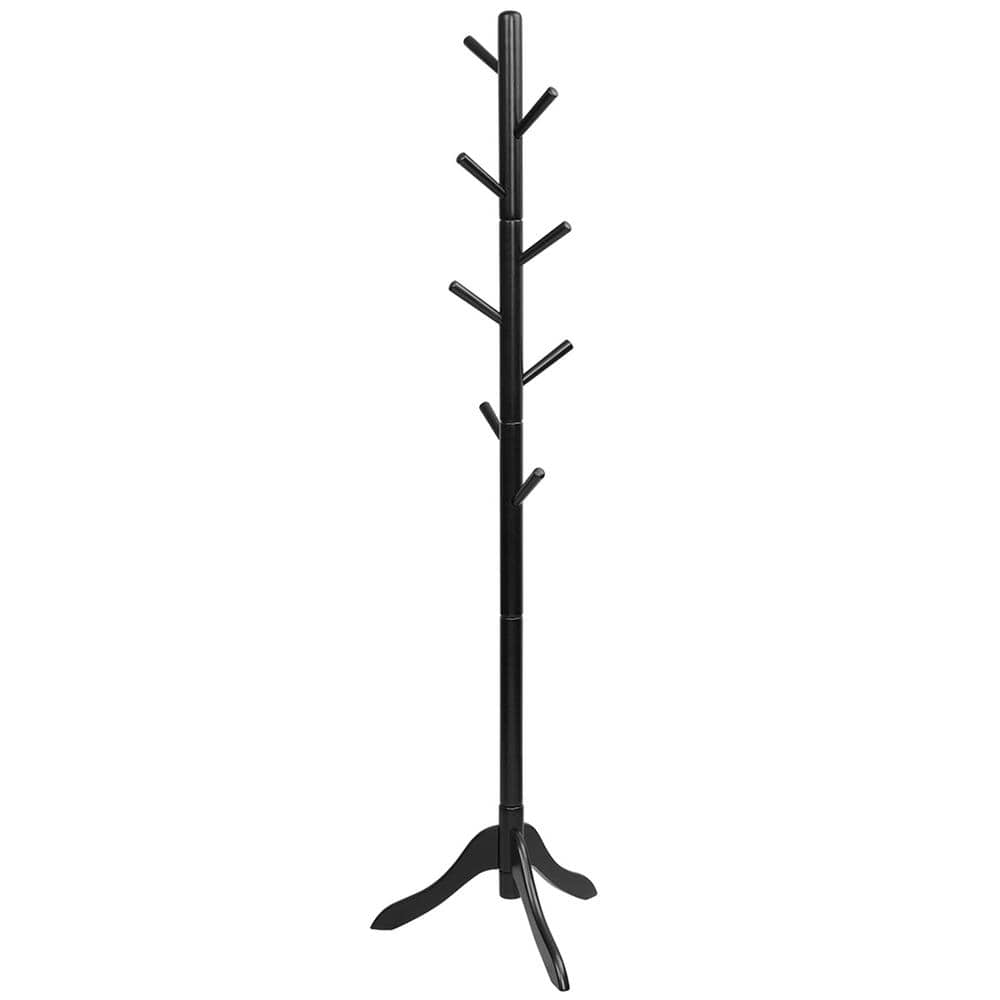 Costway Black Wooden Coat Rack Stand Entryway Hall Tree 2 Adjustable ...