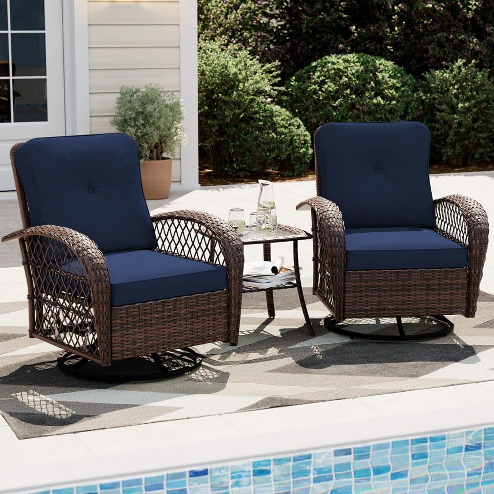 UPHA 3-Piece Brown Wicker Swivel Patio Outdoor Rocking Chair Set with ...
