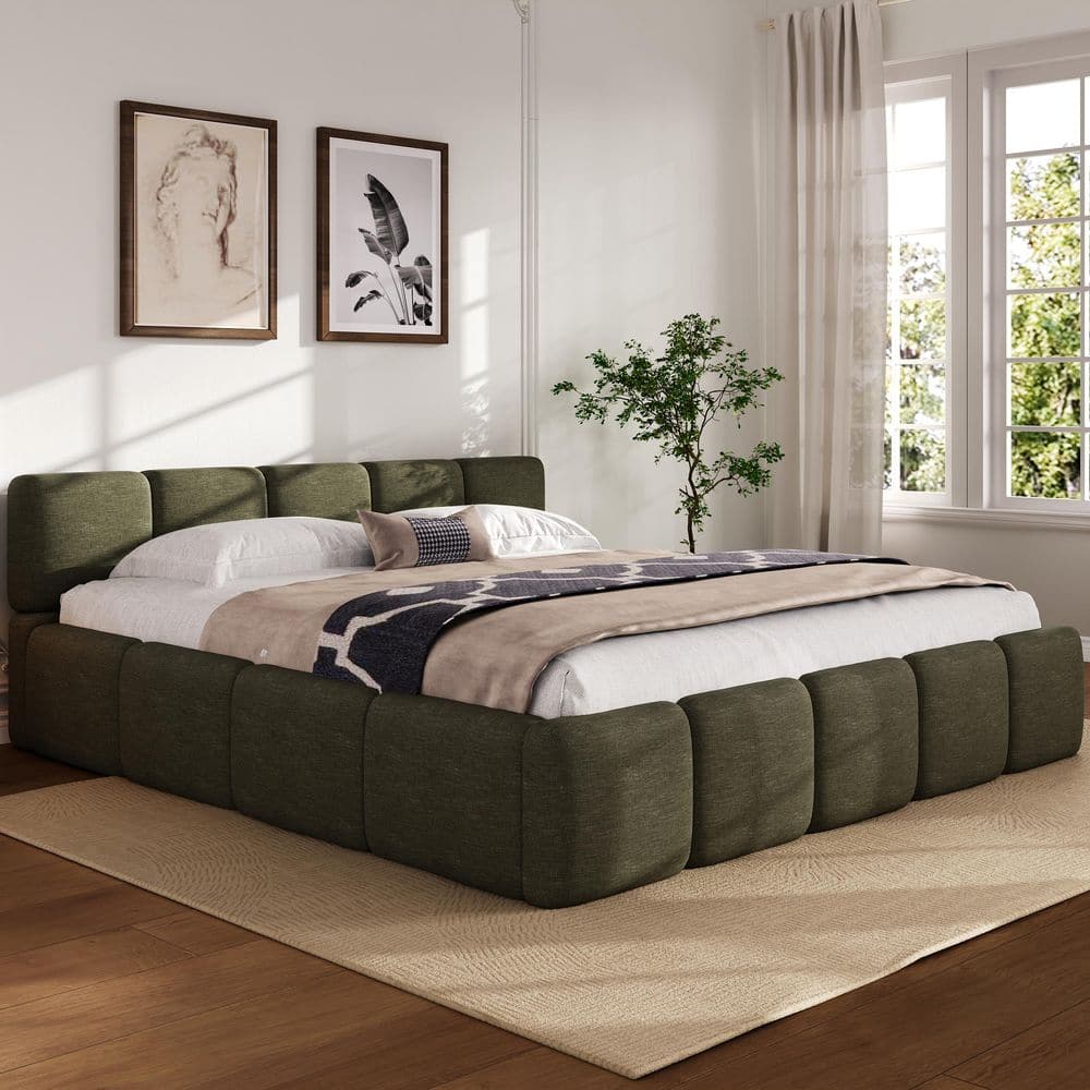 Harper & Bright Designs Green Wood Frame King Size Upholstered Platform ...