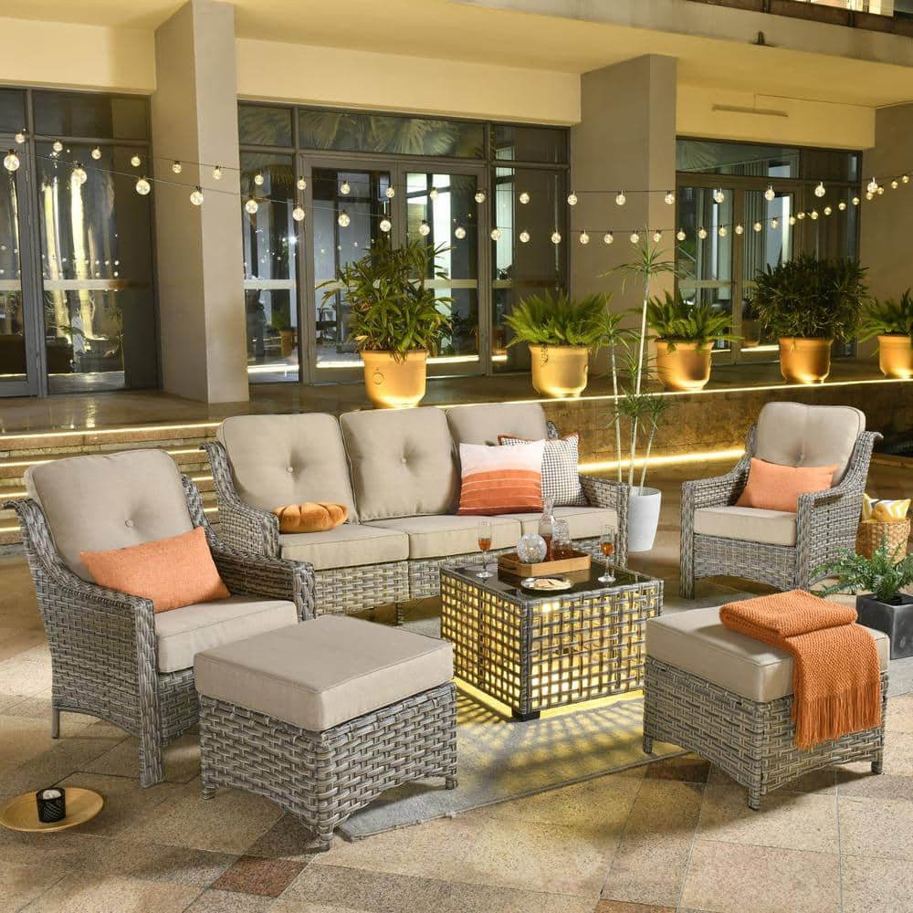 OVIOS Palffy Gray 6-Piece Wicker Patio Conversation Seating Set with ...