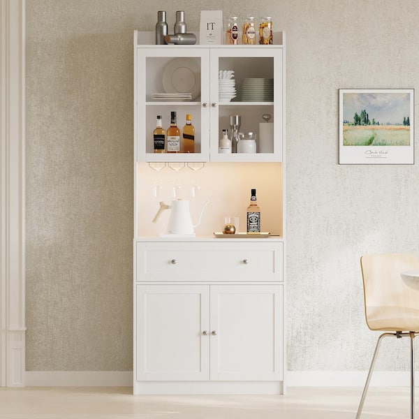 Unbranded 75.2 in. White Kitchen Pantry Storage Cabinet with Lights and Charging Station Buffet Sideboard Bar Cabinet w Wine Rack WF323408AAK ZT
