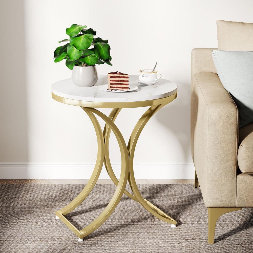BYBLIGHT Kerlin 19.69 in. White and Gold Wood End Table, Round Coffee ...