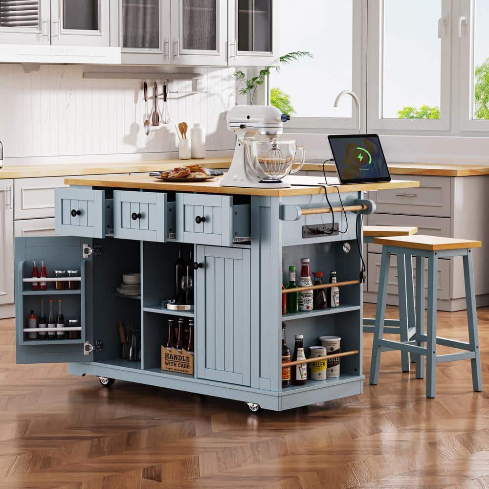 YANTENG LLC 53 in. Gray Blue Kitchen Cart Island with 2 Bar Stools ...