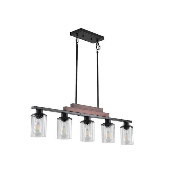 PUDO 37.4 in. 5-Light Brown Modern Industrial Pendant Light with Clear ...