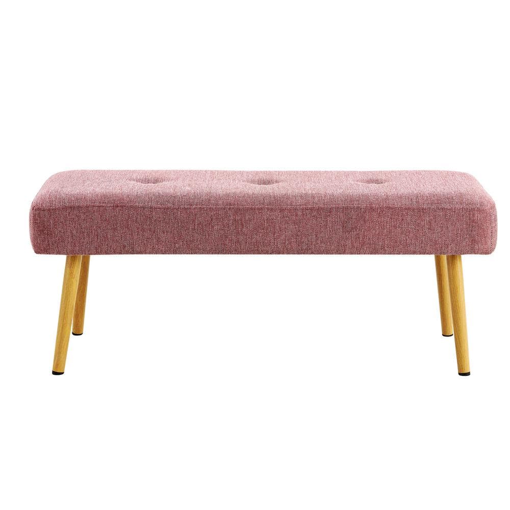 Pink Linen Fabric Upholstered Bedroom Bench with Gold Metal Legs Shoe ...