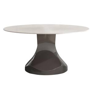 Lesly Modern Round White Snowy Mountain Stone Tabletop 53.15 in. Carbon ...