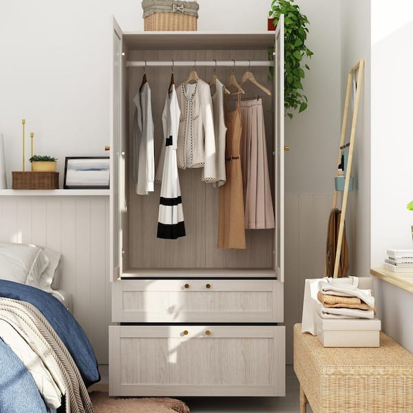 FUFU&GAGA Light Oak Wood 31.5 in. Bedroom Armoire with Frosted Tempered Glass Doors, Hanging Rod ...