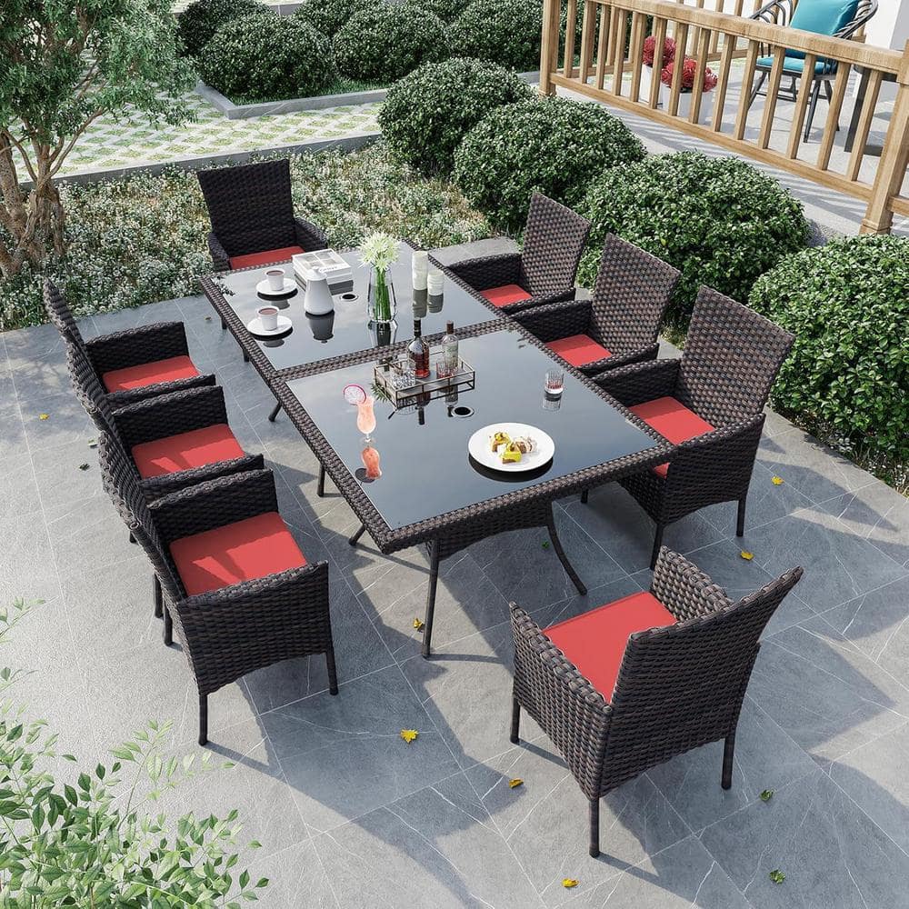Halmuz 10-Piece Brown Wicker Outdoor/Indoor Dining Set with Red Cushion ...