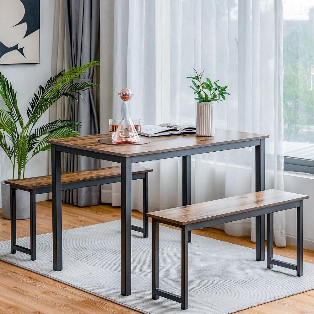 Gymax Modern 3 Piece Dining Table Bench Set 4-Person With Metal Frame ...