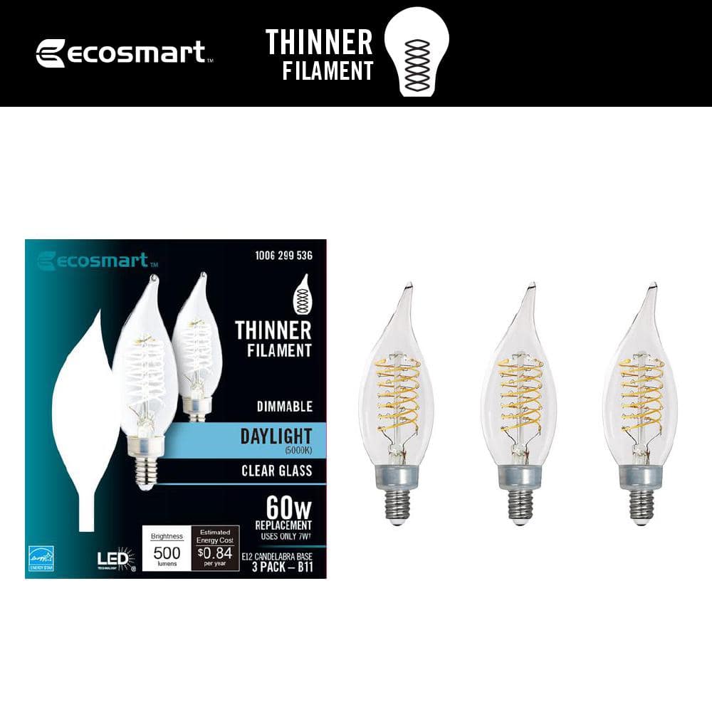 EcoSmart 60-Watt Equivalent BA11 Dimmable E12 Candelabra Fine Bendy ...