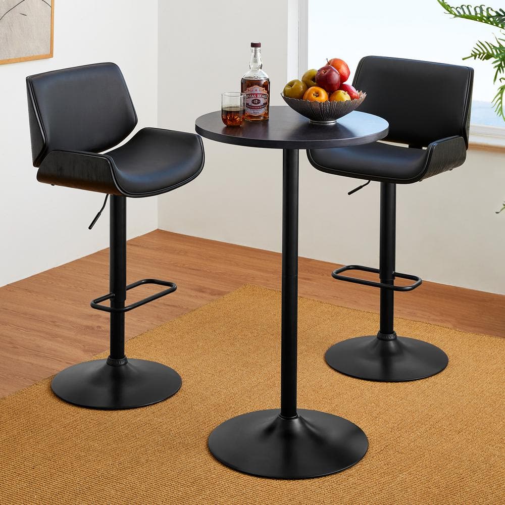 Glitzhome Modern Bar Table with Round Charcoal Gray Walnut Top and ...