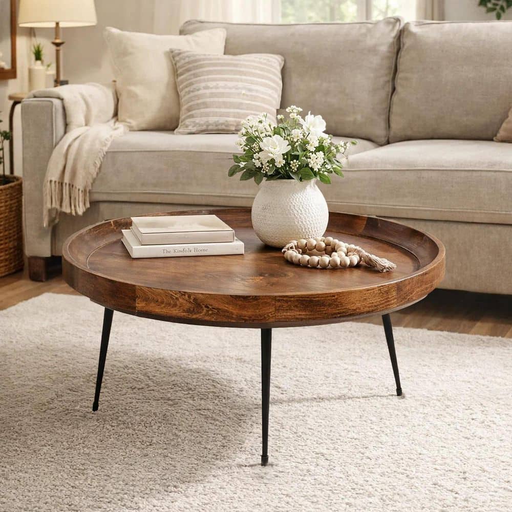 THE URBAN PORT Gia 30 in. Brown and Black Round Mango Wood Coffee Table ...
