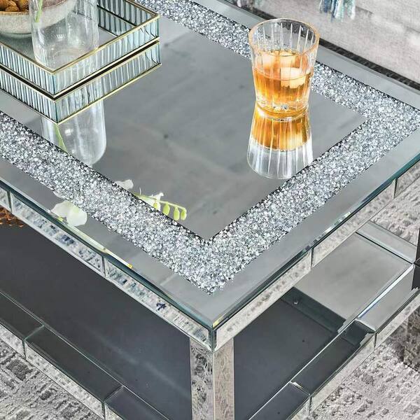 Clihome 39 in. Silver Color Rectangle Glass Crystal Mirror Stainless Steel Frame Coffee Table for Use in Offices Living Rooms CL KL40563