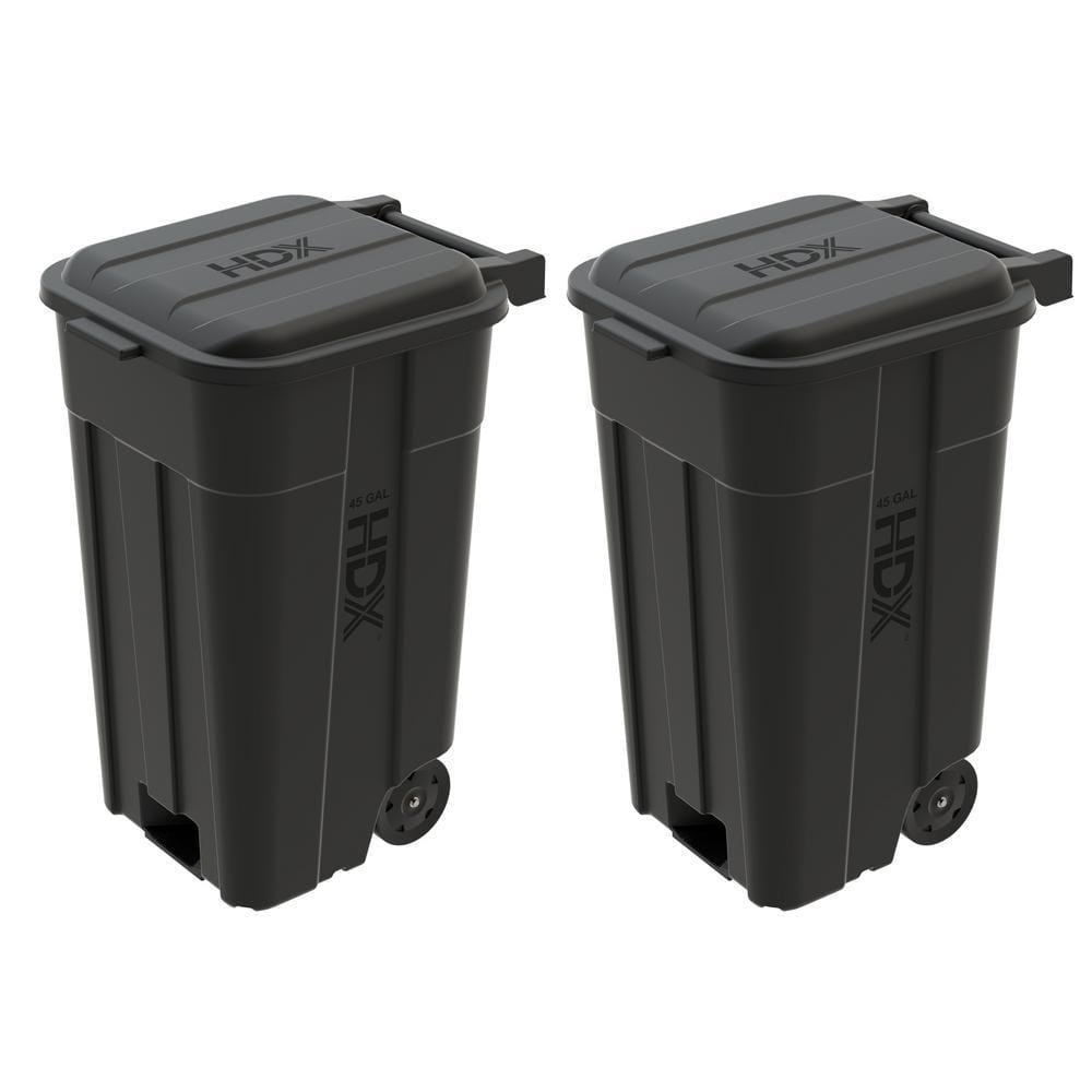 HDX 45 gal. Black Heavy Duty Outdoor Trash Can with Wheels and Attached ...