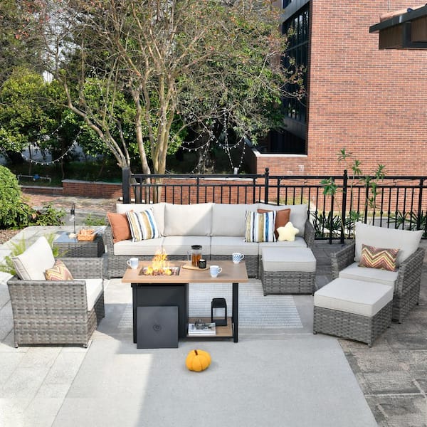 Morag Gray 10 Piece Wicker Outerdoor Patio More Storage Space Fire Pit Sectional Seating Set with Beige Cushions