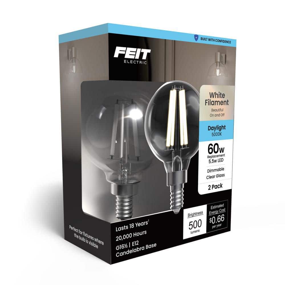 Feit Electric 60-Watt Equivalent G16.5 Globe Dimmable White Filament ...