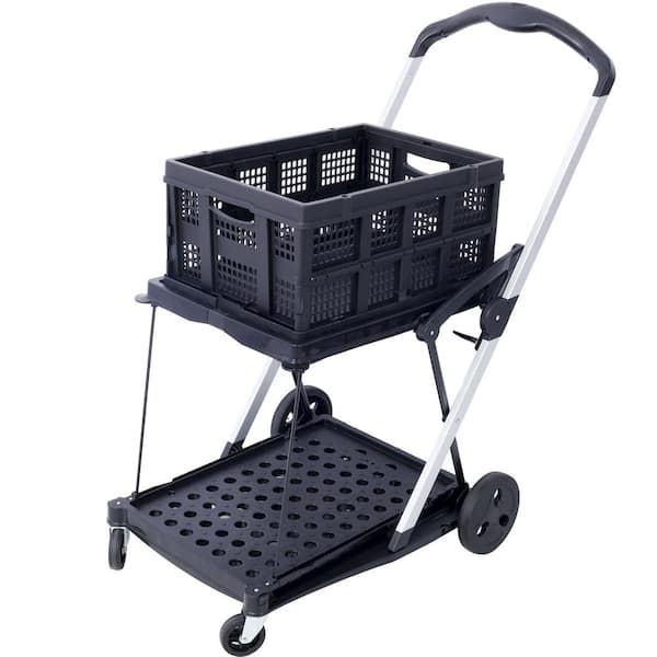 Large Black Aluminium Fold-up Rolling Serving Cart with Basket Multi ...