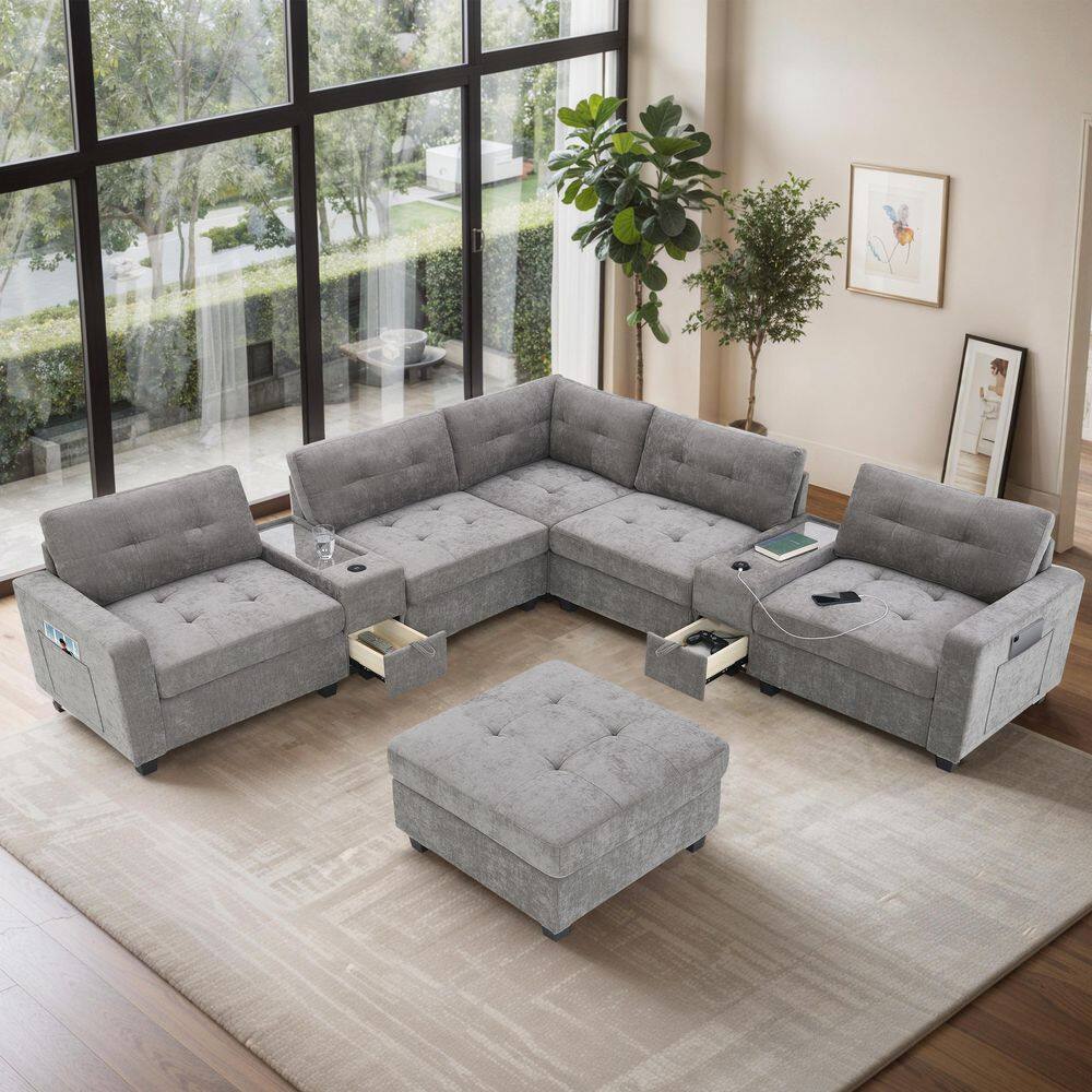 Boyel Living 104 in. Chenille U Shaped Sectional Sofa Set in Gray with ...