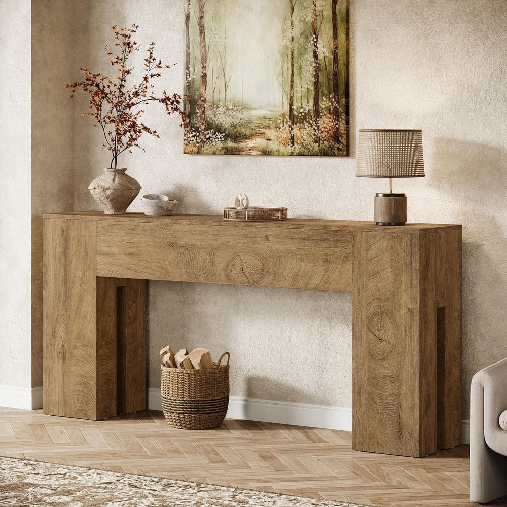 BYBLIGHT Turrella 71 in. Wood Color Rectangle Wood Console Table with Thick Legs, Farmhouse ...