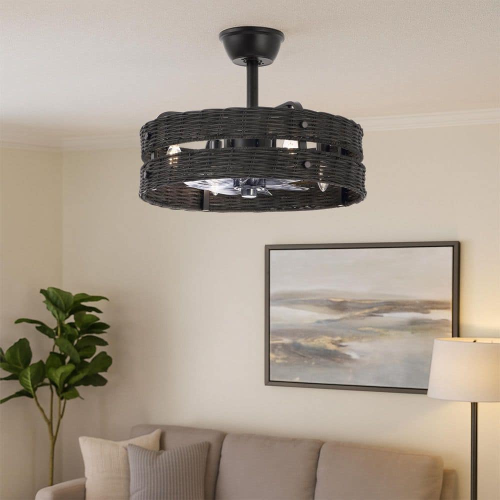 MLiAN 18.5 in. Indoor Black Rattan Downrod Mount Caged Ceiling Fan with ...