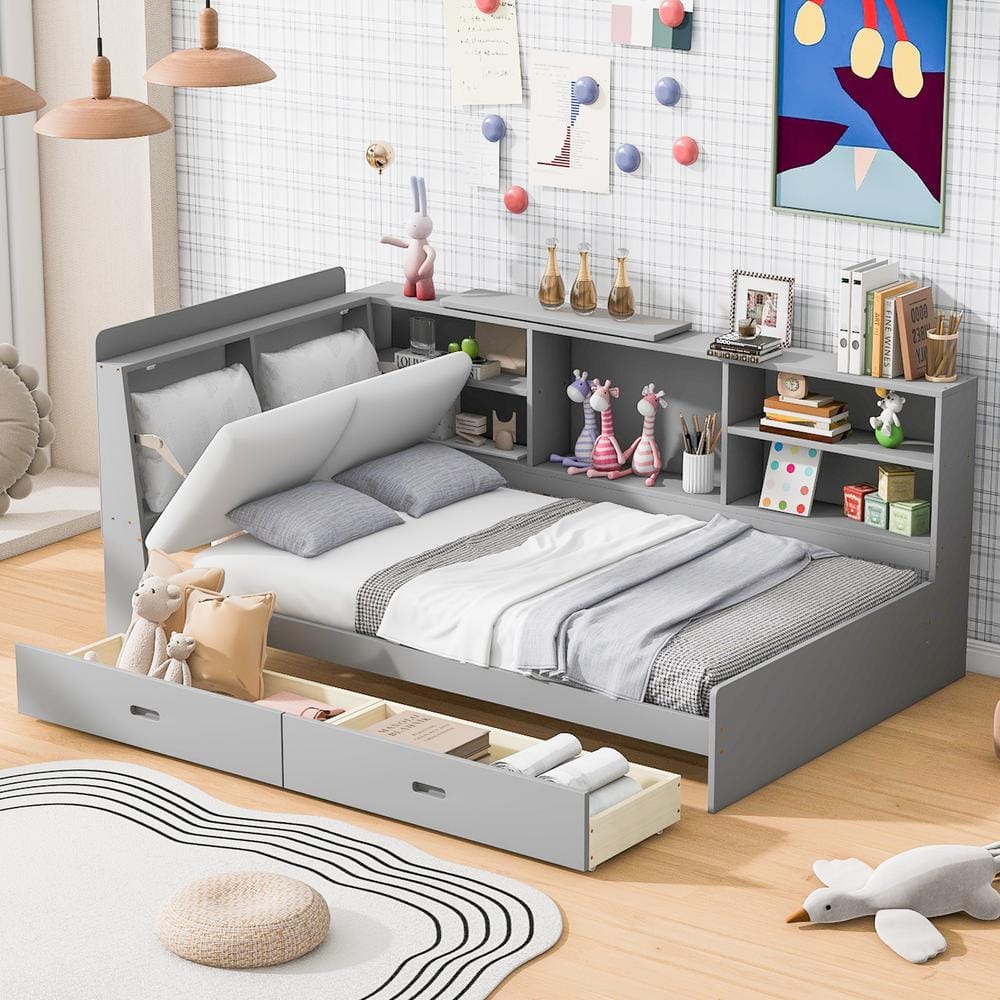 Harper & Bright Designs Gray Wood Frame Twin Platform Bed with 2-Drawer ...