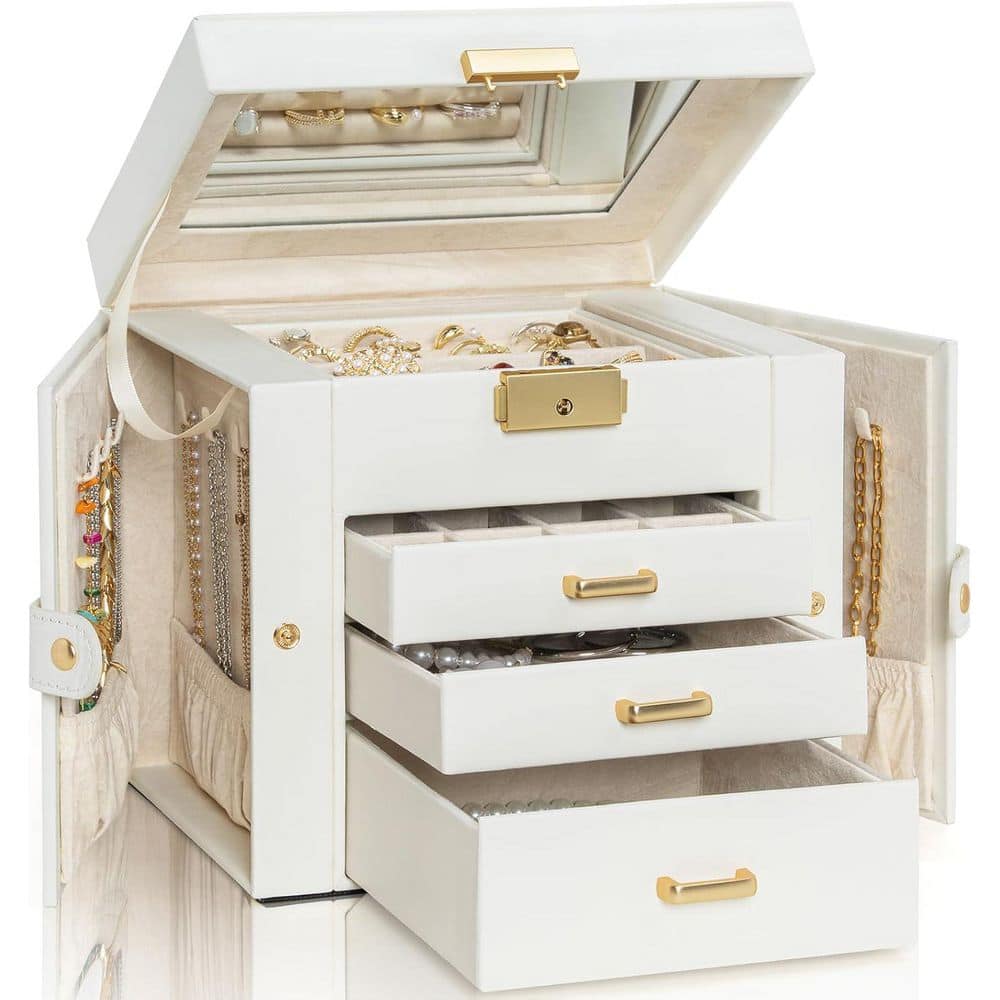 4-Tier Jewelry Box Faux Leather Jewelry Storage Organizer with 3 ...