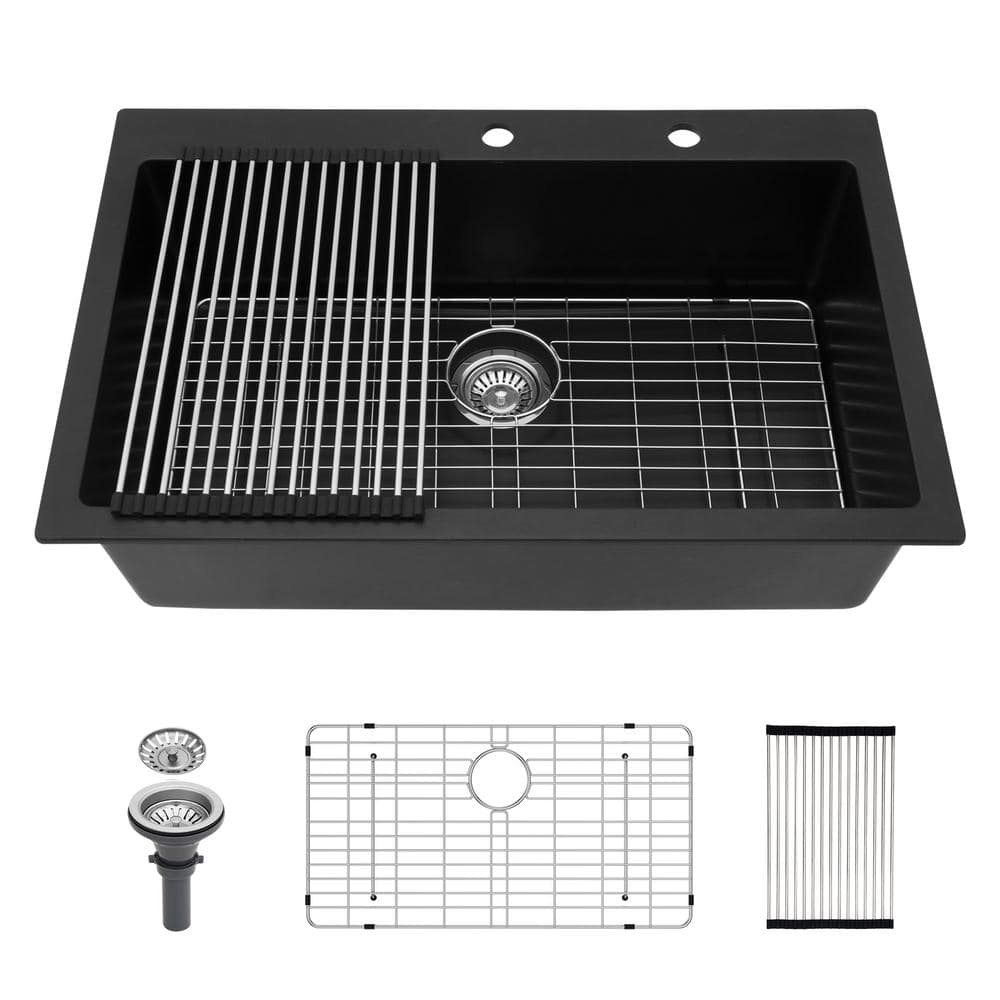 Tenleaf 33 in. x 22 in. Drop in Single Bowl Black Quartz Kitchen Sink ...