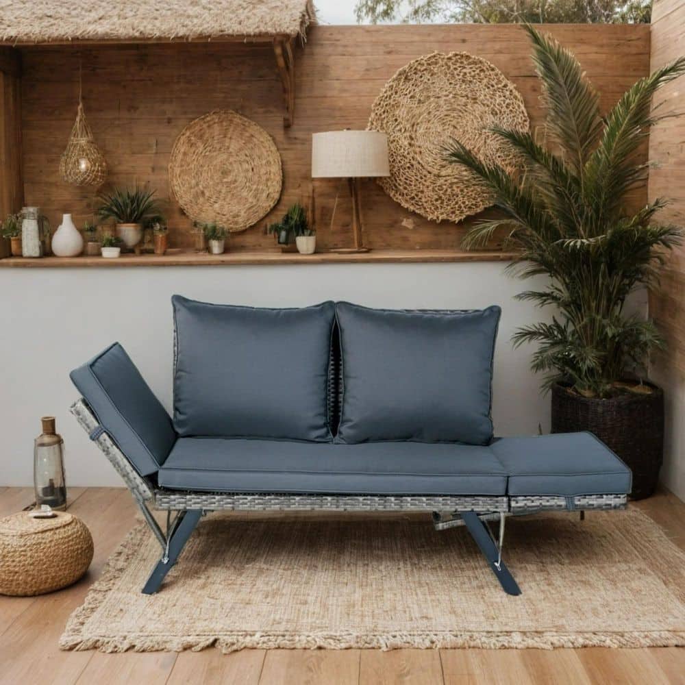 1-Piece Wicker Patio Conversation Set, Foldable Bench with Dark Grey ...