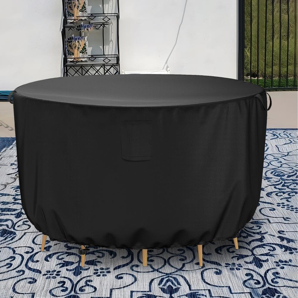 OVCRNIBI Patio 97 in. Dia Black Round Table and Chair Set Cover, Heavy ...