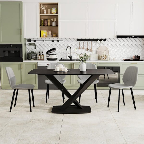 Magic Home 63 in. Black Pattern Rectangle Sintered Stone Top Pedestal ...