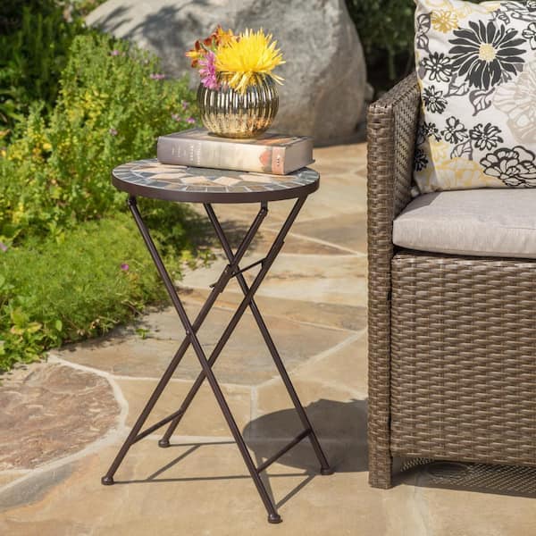 AUTMOON Outdoor Stone Side Table with Iron Frame, Beige/Black 61298.00 ...