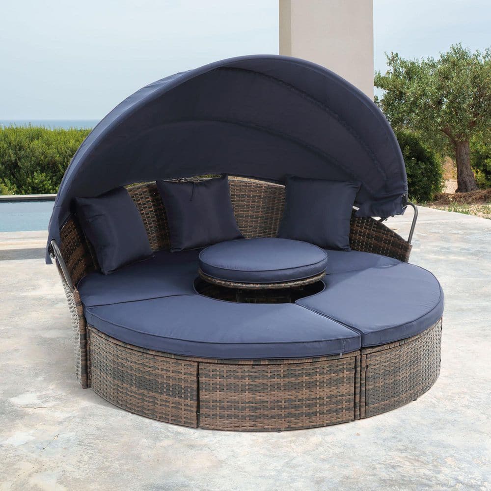 1-Piece Wicker Outdoor Round Lounge Day Bed, Bali Canopy Day Bed with ...