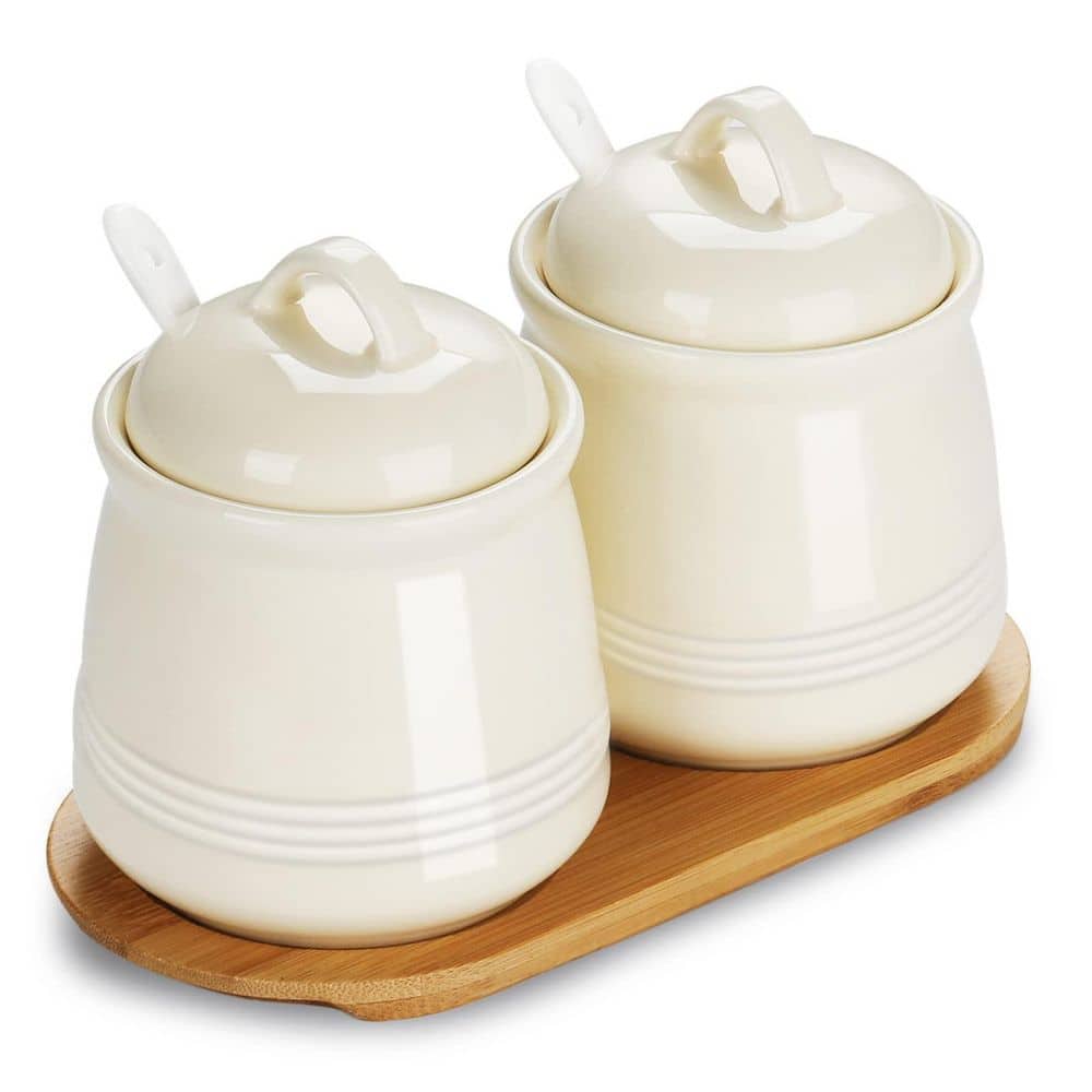 Wudkey 12 fl. oz. Ceramic Sugar Bowl with Tray, Spoon and Lid for Sugar ...