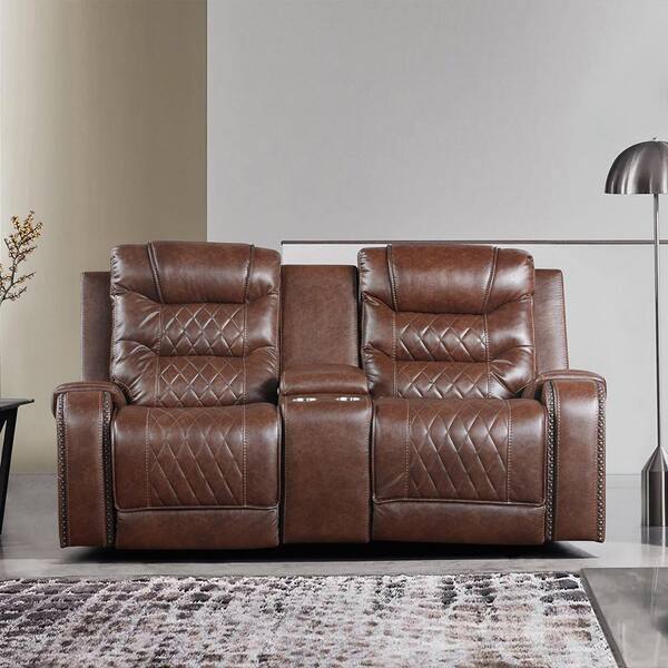 Lazzara Bergen 77.5 in. W Brown Faux Leather Power Double Reclining Loveseat with Center Console Receptacles and USB Port 9405BR 2PW