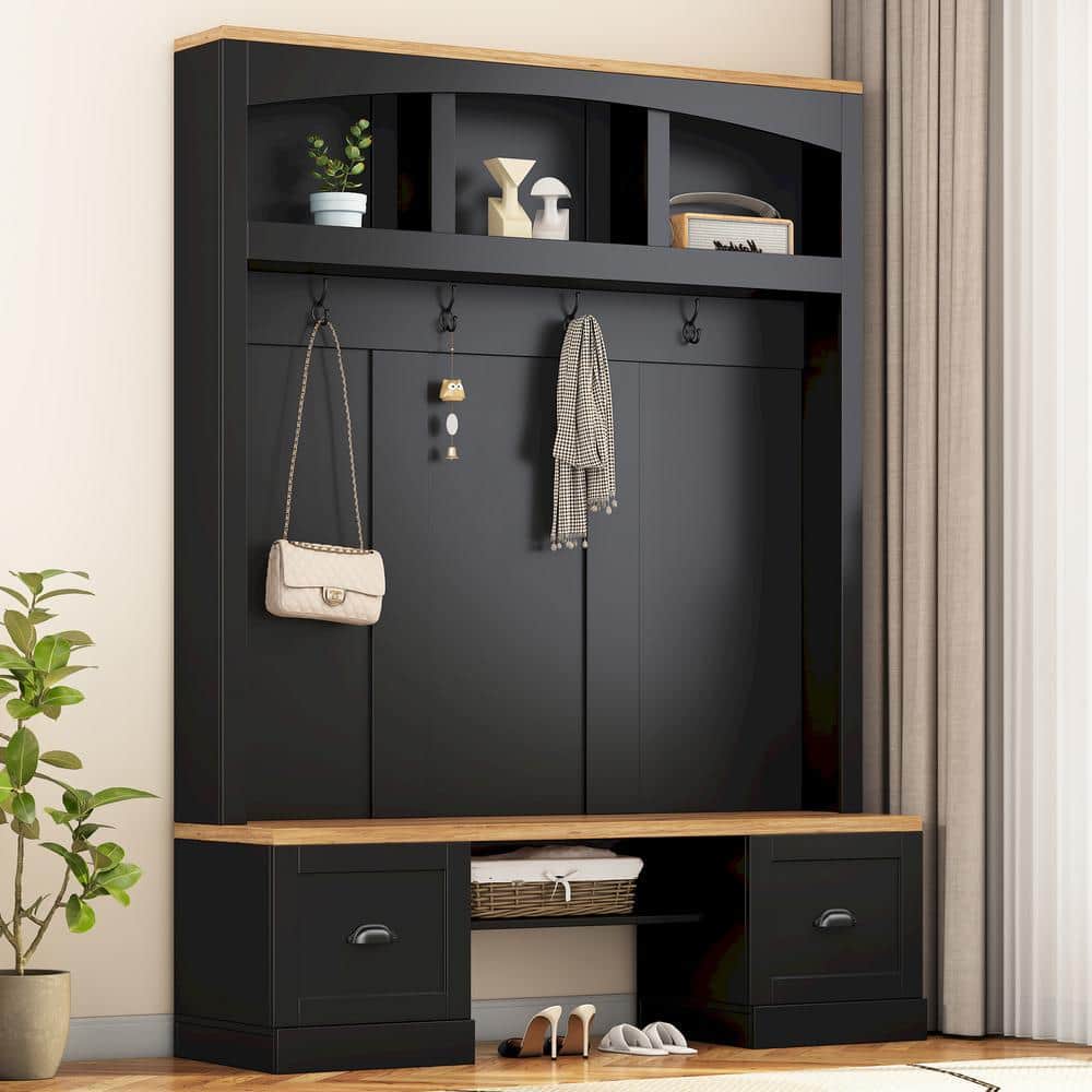 Nestfair Black Freestanding 4-in-1 Hall Tree with Wood Grain Bench and ...
